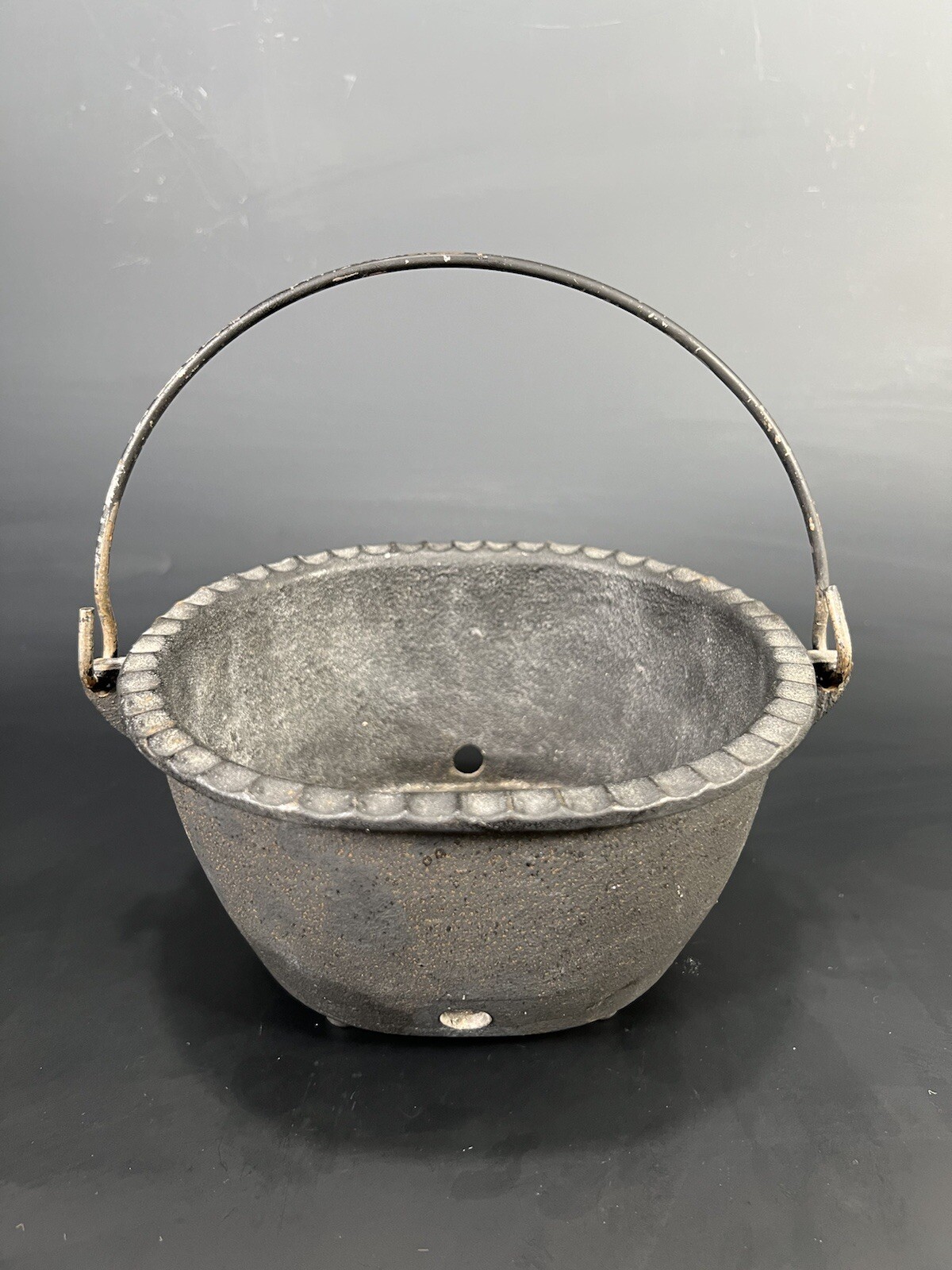 Heavy Dark Metal Oval shape pierced container with handle Marked ...