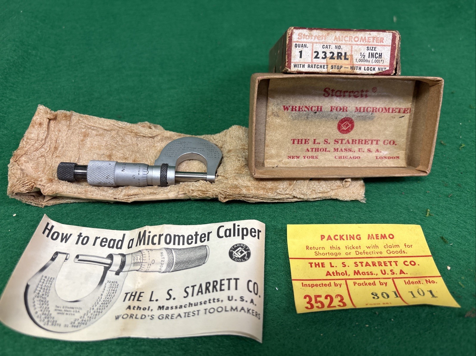 Starrett 232RL Outside Micrometer w/ Adjusting Wrench, Box, and Papers ...