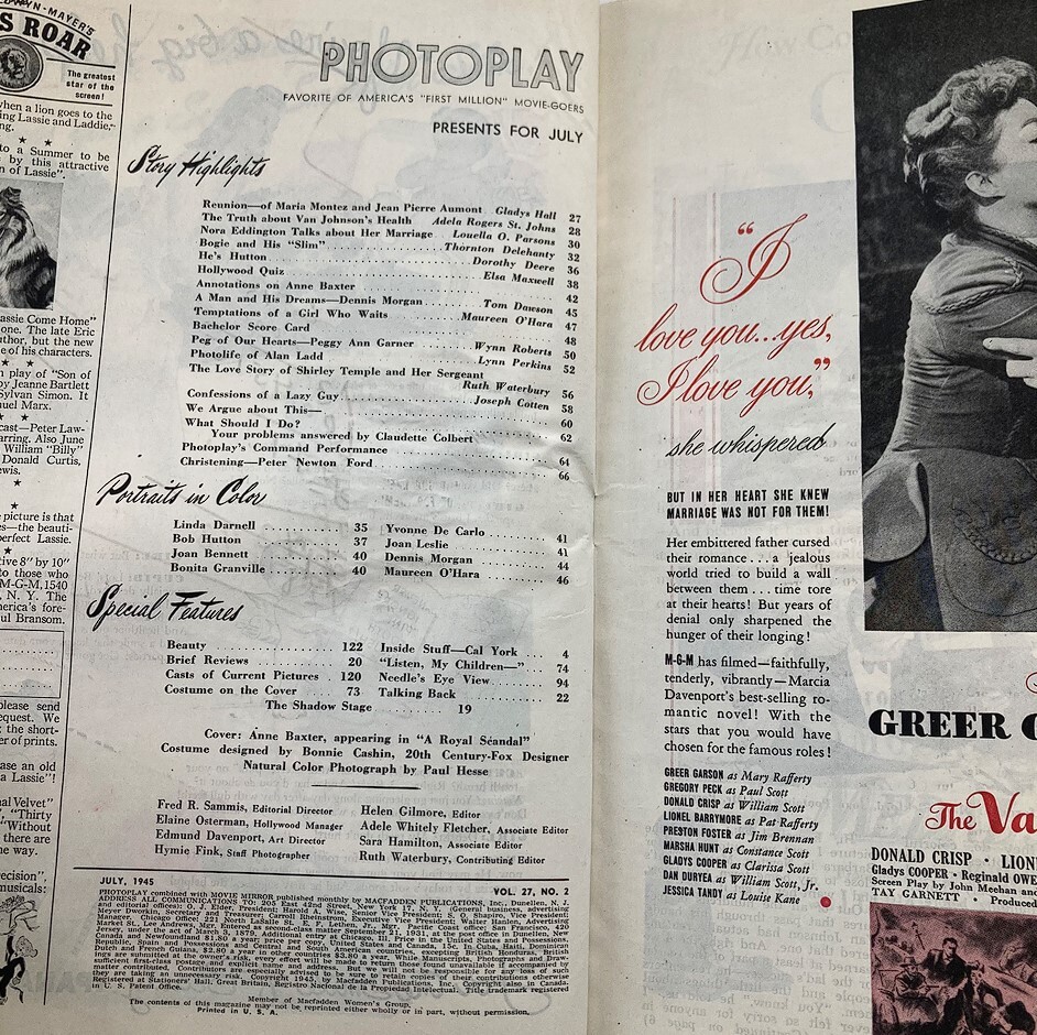 VTG Photoplay Magazine July 1945 Vol 27 #2 Anne Baxter A Royal Scandal ...