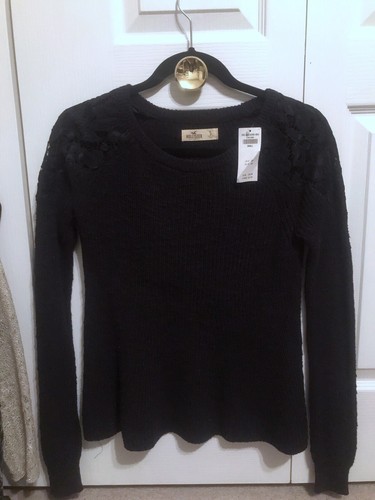 NWT Hollister Black Crewneck Sweater w/ Lace Detail On Shoulders | eBay