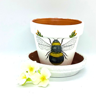 Modern hand decorated terracotta flower pot with bee | eBay Australia