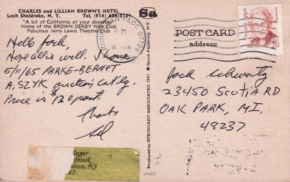 Vintage Postcard Charles & Lillian Browns Hotel Loch Sheldrake NY 1965 ...