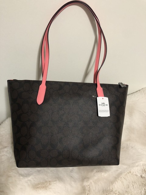 Coach 4455 Zip Top Tote in Signature Canvas Brown Pink Lemonade for ...