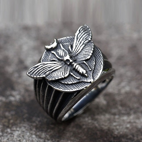 Vintage Skull Pattern Moth Ring Stainless Steel Men's Insect Biker ...