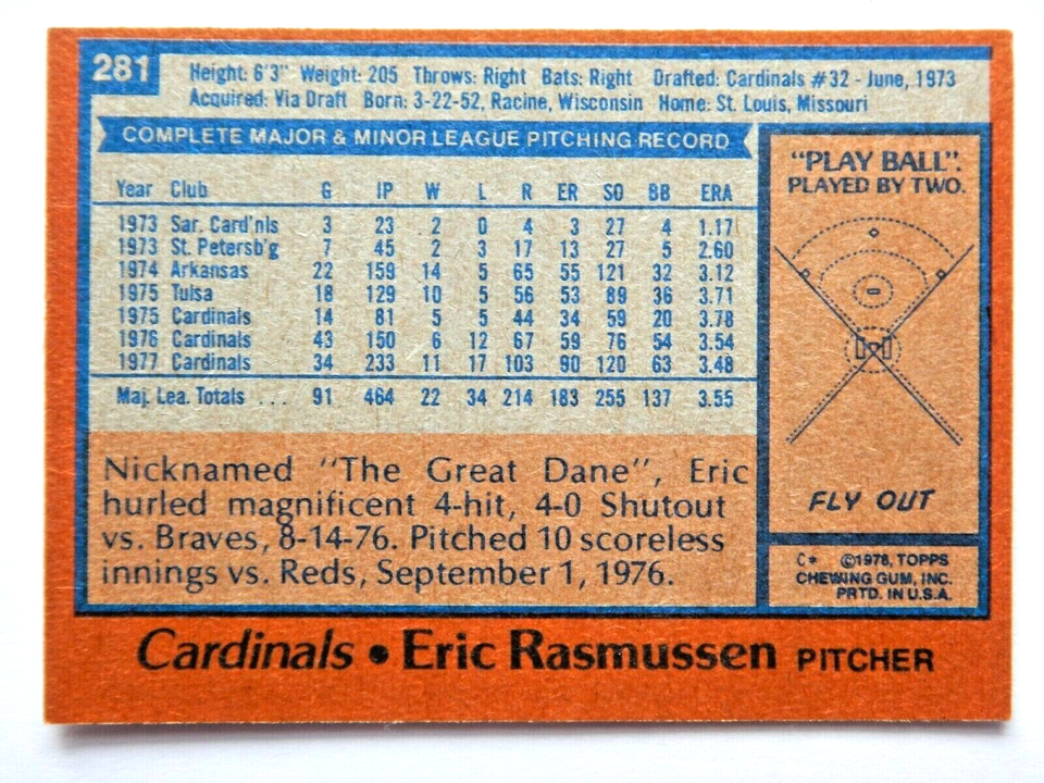 Eric Rasmussen #281 Topps 1978 Baseball Card (St Louis Cardinals) *VG ...