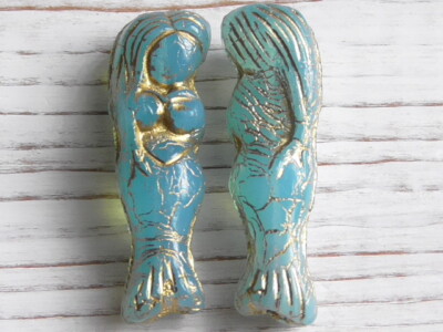 2 - 25x7mm CZECH GLASS MERMAID SEA GODDESS TRANSLUCENT BLUE OPAL GOLD ...
