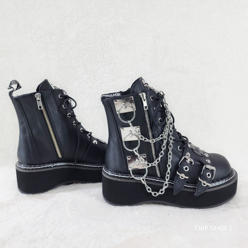 DEMONIA Emily 57 Black Goth Emo Rock 2" Platform Ankle Boots Chain ...