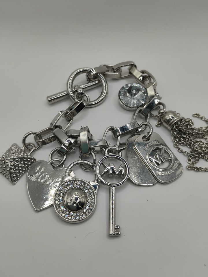 MK Michael Kors Charms Bracelet Bangle Womens Jewelry Silver Tone Key ...