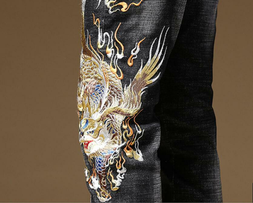 Men's Black Blue Dragon Embroidery Straight Stretch Jeans Denim Pants ...