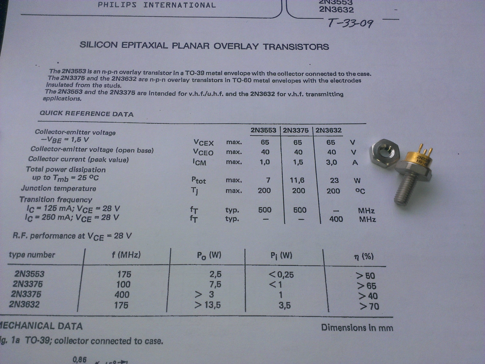 1 Stück Genuine Vintage Philips 2N3375 RF (HF) Power Transistor VHF/UHF ...