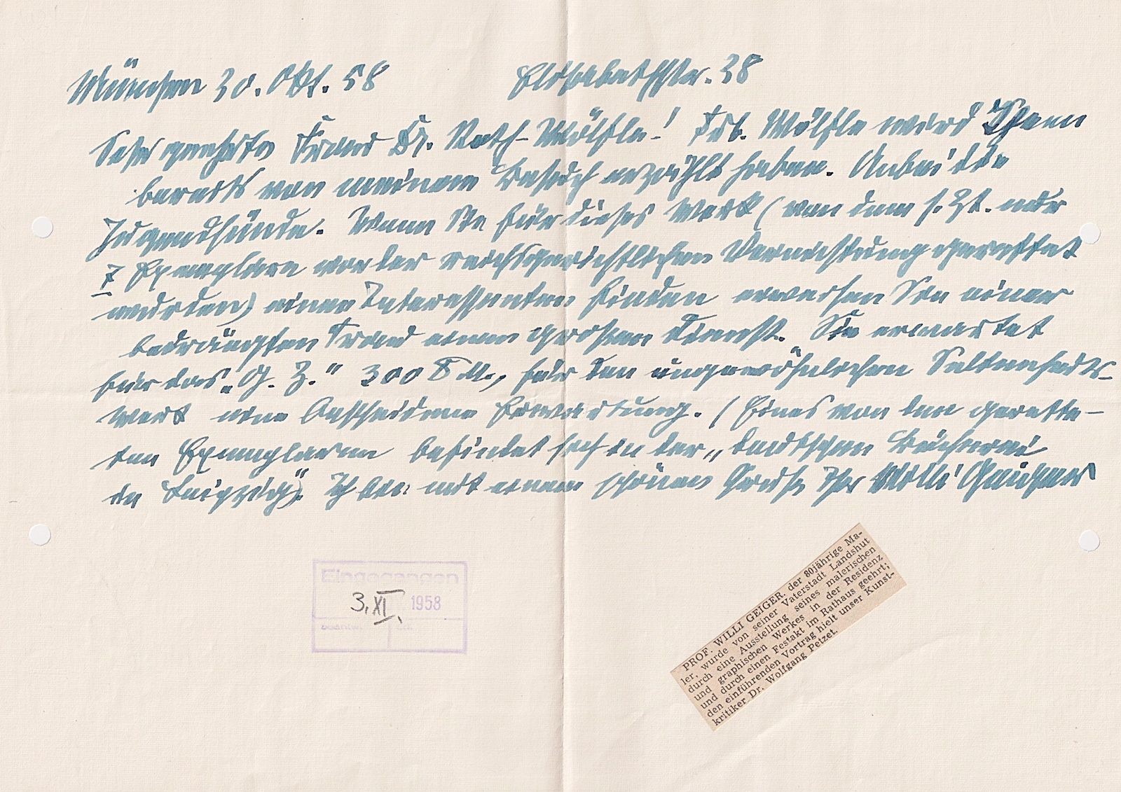 Willi Geiger - Painter Graphic Artist Brief Sign. Autograph 1958 | eBay