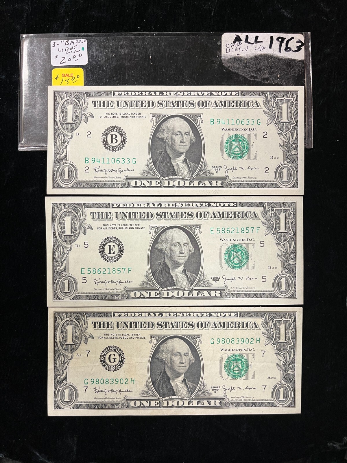 1963 $1 Joseph Barr Notes Group of Three Lightly Circulated B, E, G ...