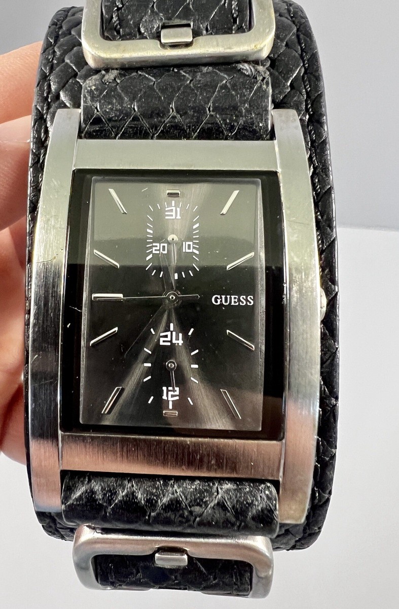 Guess Watch Men's Silver Tone Tank Wide Black Leather Cuff Guess Watch Men's Silver Tone Tank Wide Black Leather Cuff