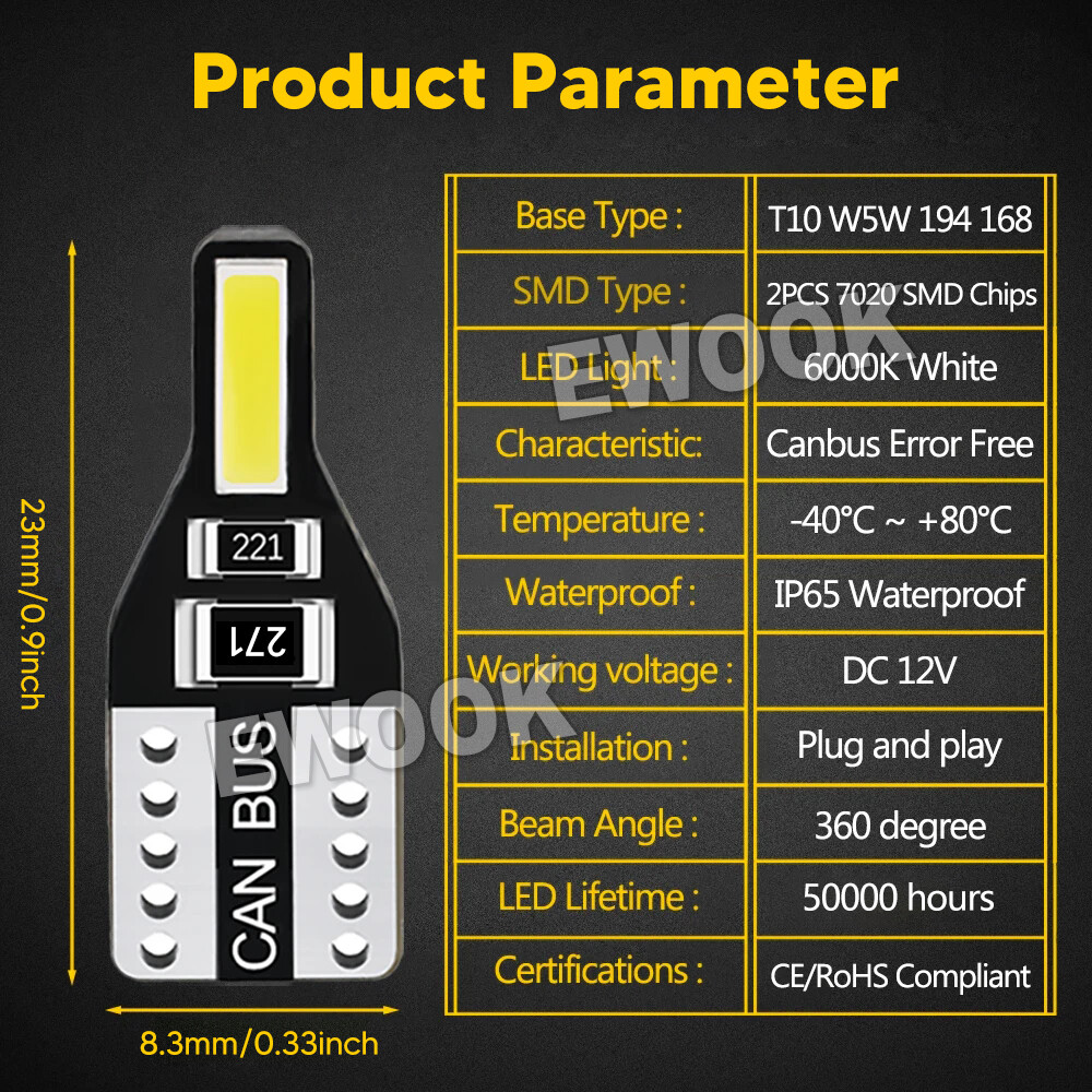 10pcs Canbus T10 LED 7020 SMD White Car Side Wedge Light Globe Bulbs ...