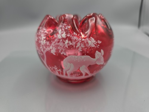 Fenton Cranberry Red Hand Painted Rose Bowl w/ Deer Scene - Signed | eBay