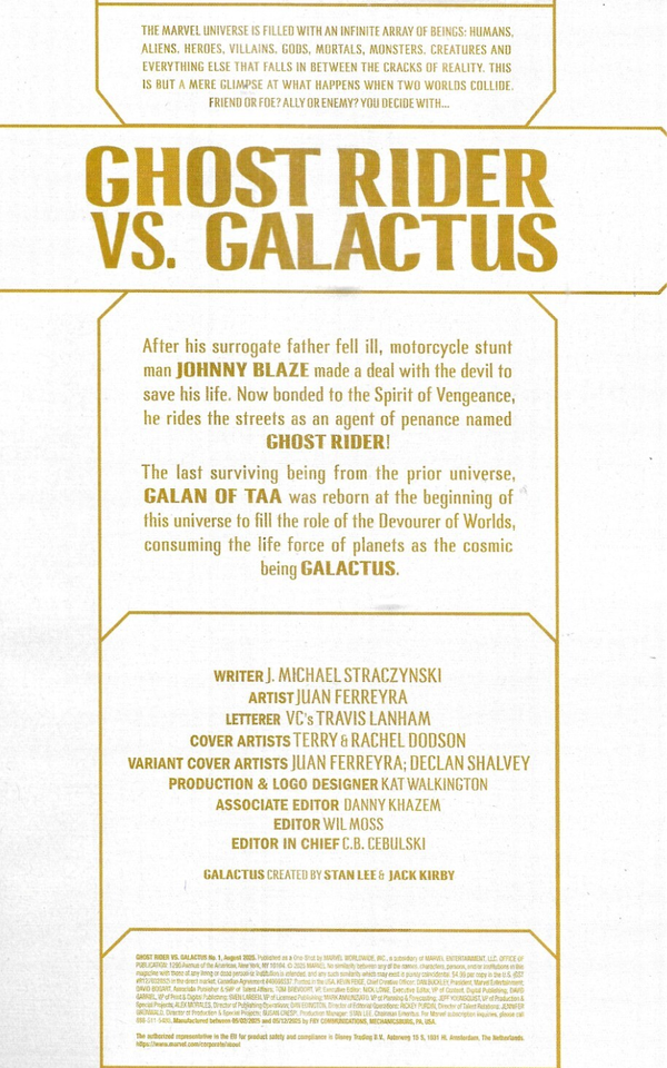 Ghost Rider vs Galactus Comic 1 First Print Cover A Terry Dodson 2025 ...