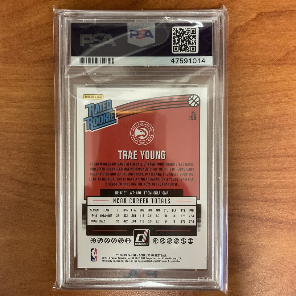 TRAE YOUNG 2018 PANINI DONRUSS RATED ROOKIE ORANGE LASER RC 198 PSA 10 ...
