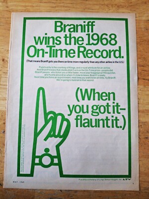 BRANIFF INTERNATIONAL AIRWAYS AD 1969 BRANIFF Wins the 1968 On Time ...