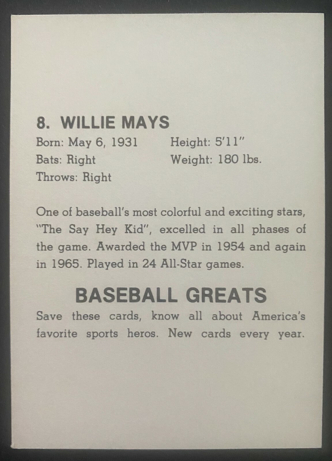 1985 Baseball Greats Caricatures Willie Mays #8 NMMT | eBay