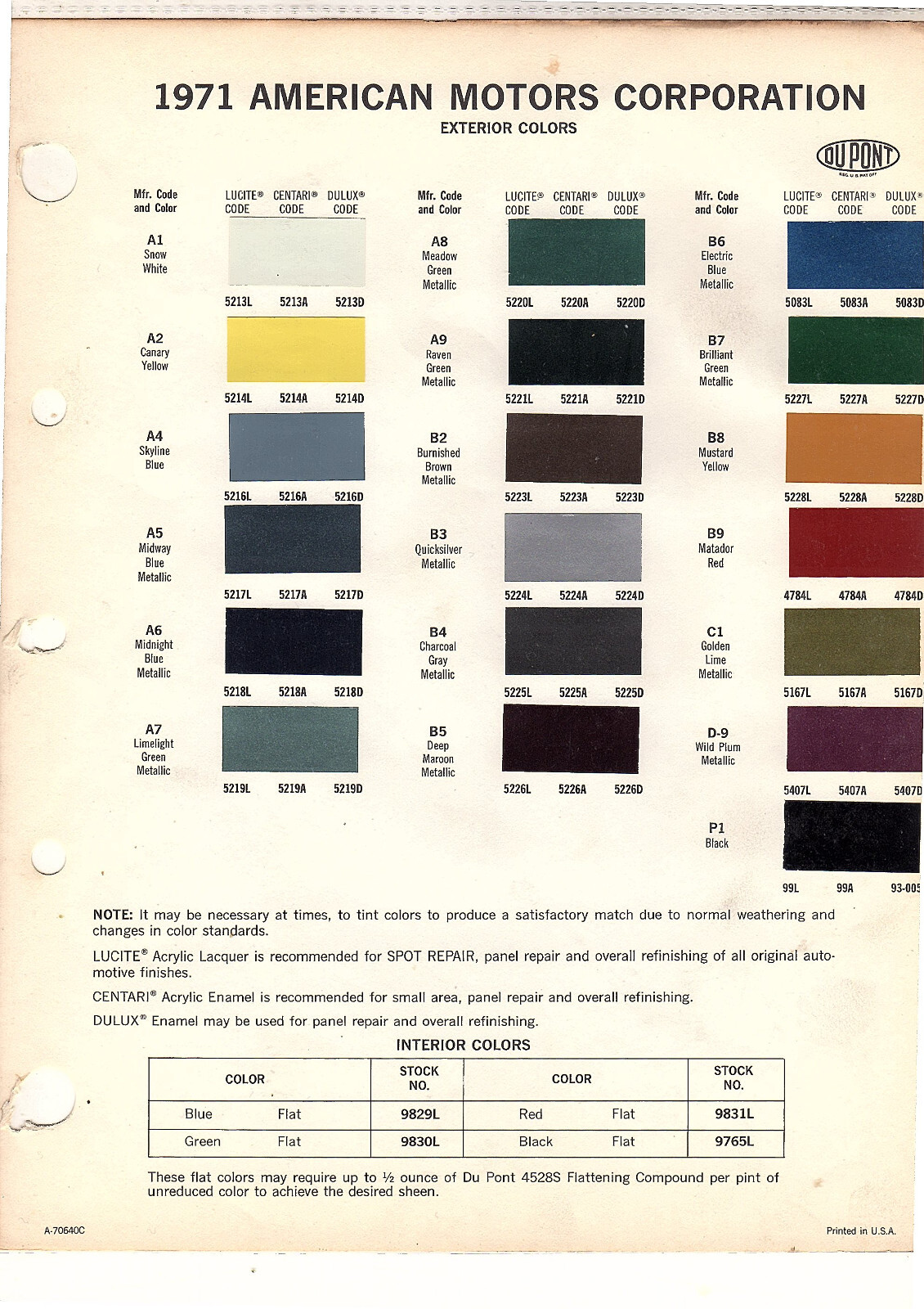 1971 RAMBLER JAVELIN AMX HORNET MATADOR GREMLIN 71 PAINT CHIPS DUPONT 1 ...