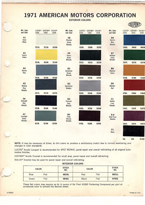 1971 RAMBLER JAVELIN AMX HORNET MATADOR GREMLIN 71 PAINT CHIPS DUPONT 1 ...