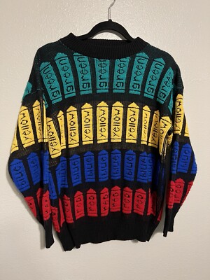 Vintage Knitted Sweater Crayons - Red Blue Yellow Green - Size M | eBay
