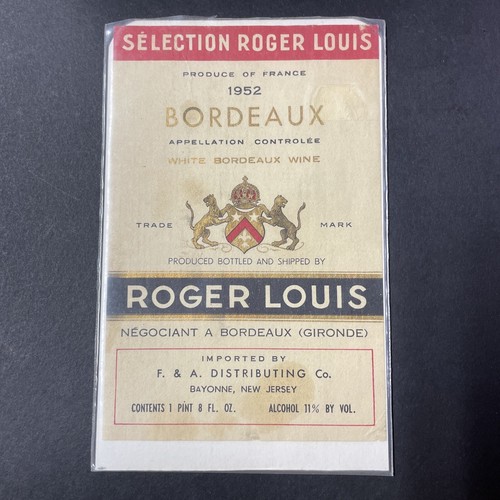 Vintage 1952 Roger Louis Bordeaux White Wine UNUSED Paper Label France ...