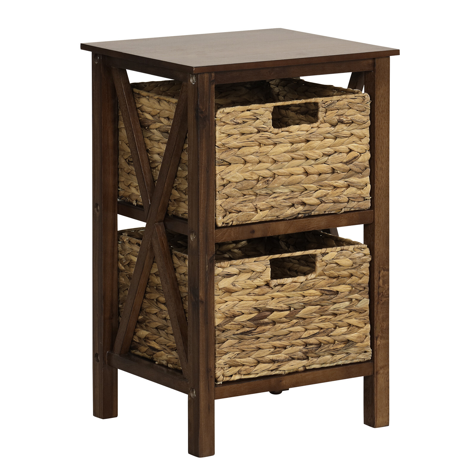 2-Tier Nightstand w/2 Drawers 2 Seagrass Baskets Rubber Wood X-Shaped ...