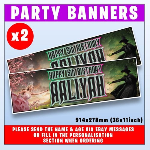 2 PERSONALISED WICKED BANNERS 3ft PARTY BIRTHDAY GLINDA ELPHABA 36 x 11 ...