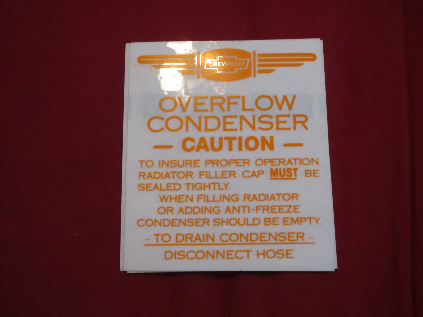1949 – 1954 CHEVROLET (ALL MODLES) RADIATOR OVERFLOW CONDENSER CAUTION ...