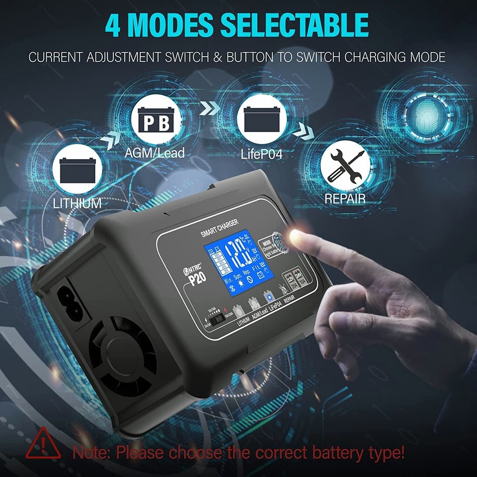 P20 20A Smart Battery Charger,Lithium,LiFePO4,Lead-Acid,Portable Car ...