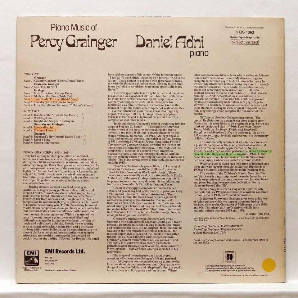 DANIEL ADNI - PERCY GRAINGER piano works EMI LP EX+ | eBay