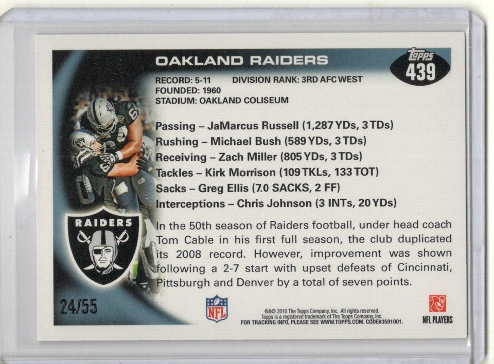 OAKLAND LAS VEGAS RAIDERS 2010 TOPPS #439 BLACK BORDER PARALLEL /55 SSP ...