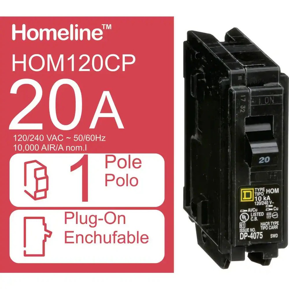 Homeline 20 Amp One-Pole Circuit Breaker HOM120CP, Square D Breakers ...