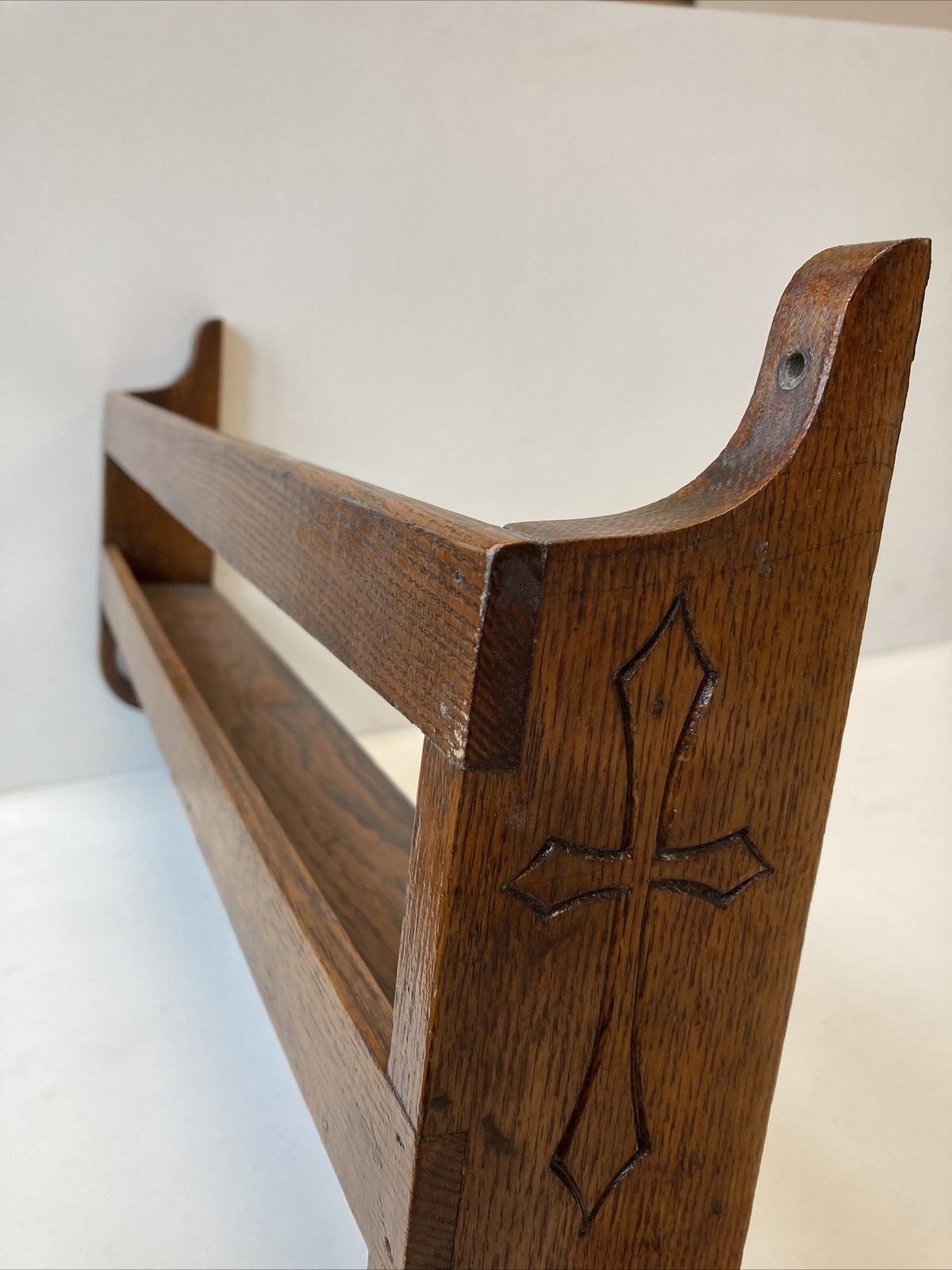 Antique Oak Church Pew Bible Rack Vtg Magazine Spice Shelf | eBay