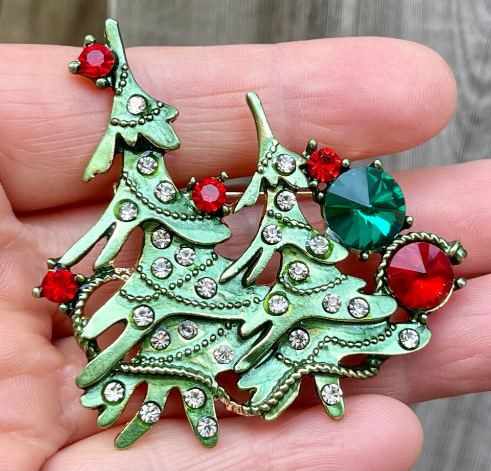 Christmas Tree Brooch Large Rhinestone Christmas Tree Brooch Holiday ...