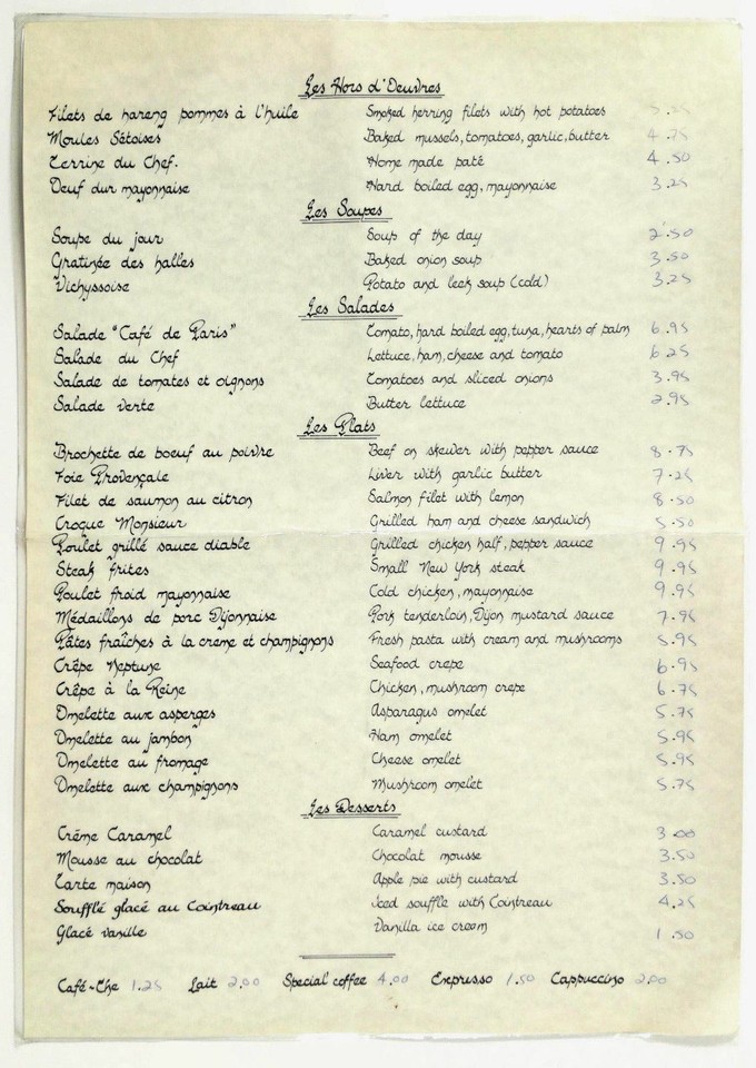 1980's Vintage Menu CAFE DE PARIS French Restaurant Vancouver BC Canada ...