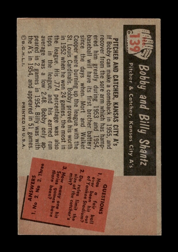 1955 Bowman Set-Break #139 Billy Shantz VG-VGEX *GMCARDS* | eBay