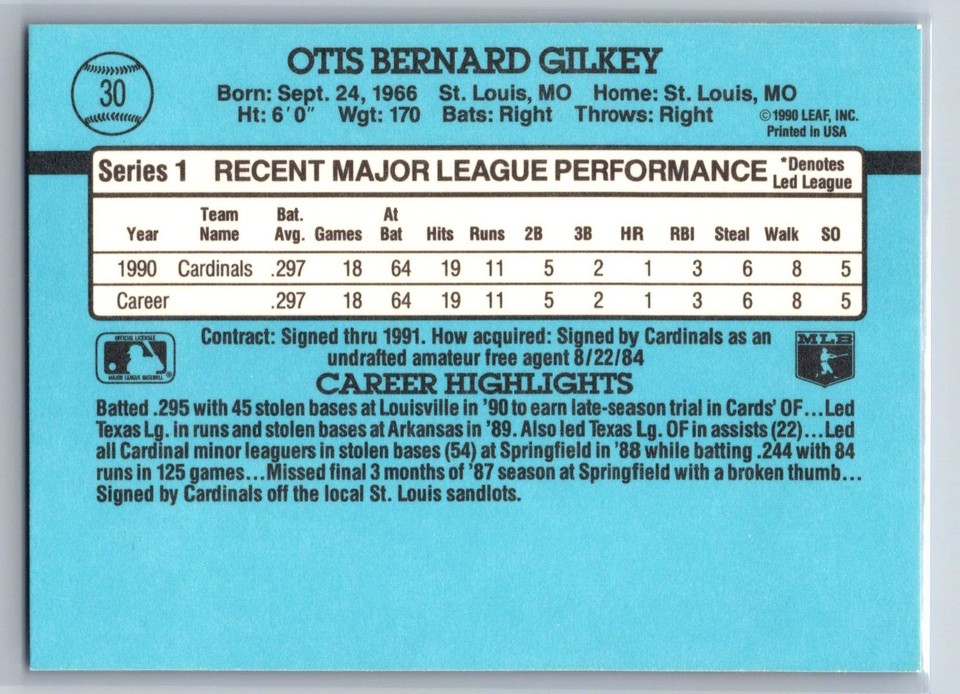 1991 Donruss Bernard Gilkey Rated Rookie St. Louis Cardinals RC #30 | eBay