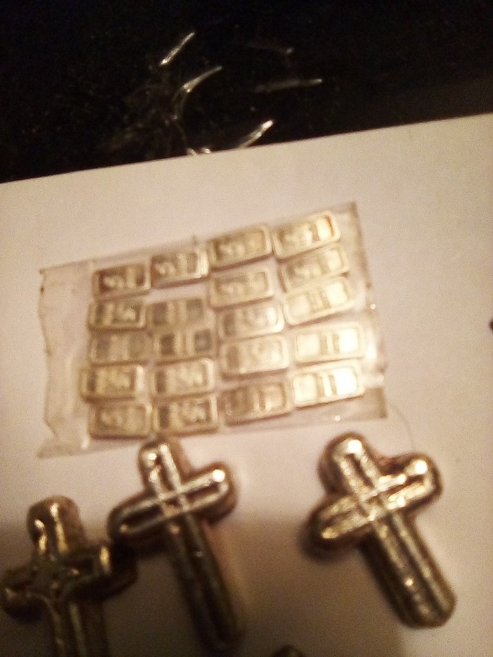 Hand Pour 999 silver miniatures.grain bars cross knives grenades guns ...