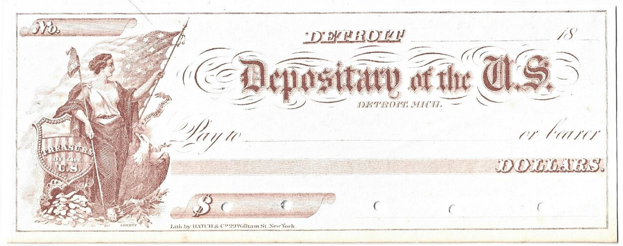 CIVIL WAR ERA “TREASURER OF THE U.S.” Detroit, MI Red Proof Check 18XX ...