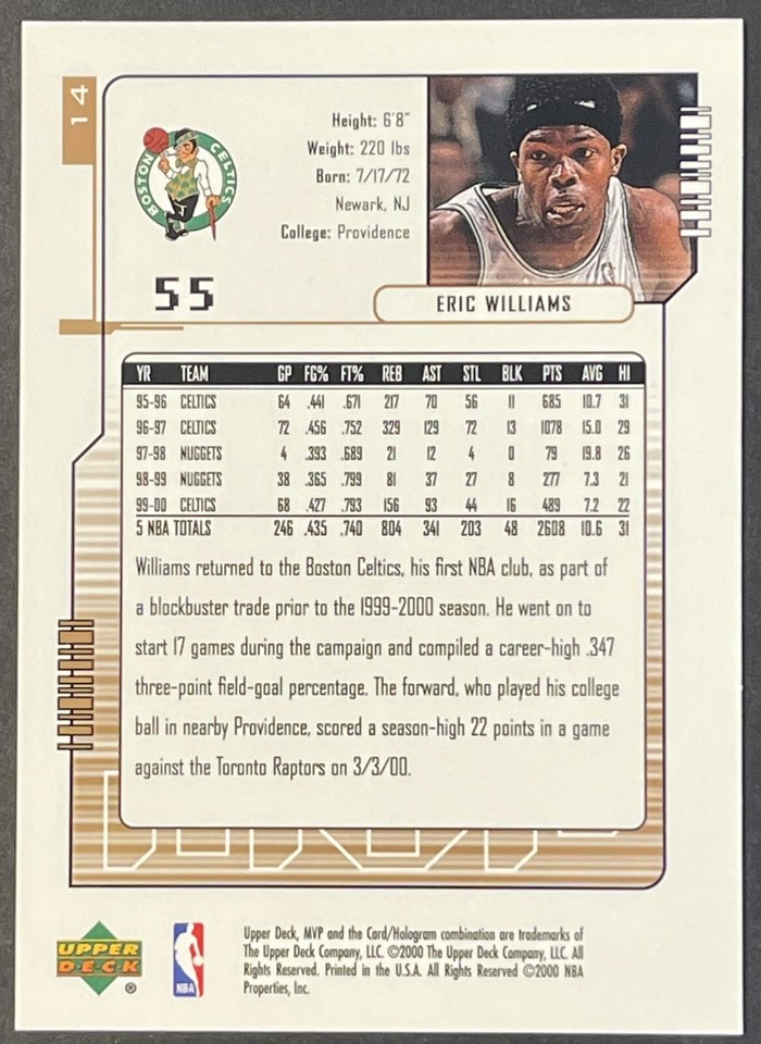 2000-01 Upper Deck MVP Boston Celtics Basketball Card #14 Eric Williams ...