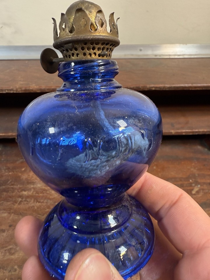 Antique Cobalt Blue Handy Brand Small Oil Lamp PEARL burner Miniature ...