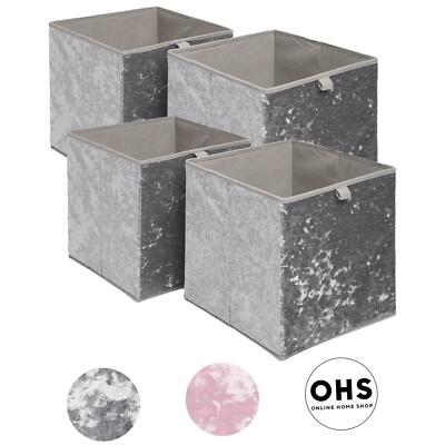 OHS Pack of 4 Crushed Velvet Storage Boxes Collapsible Foldable Square ...