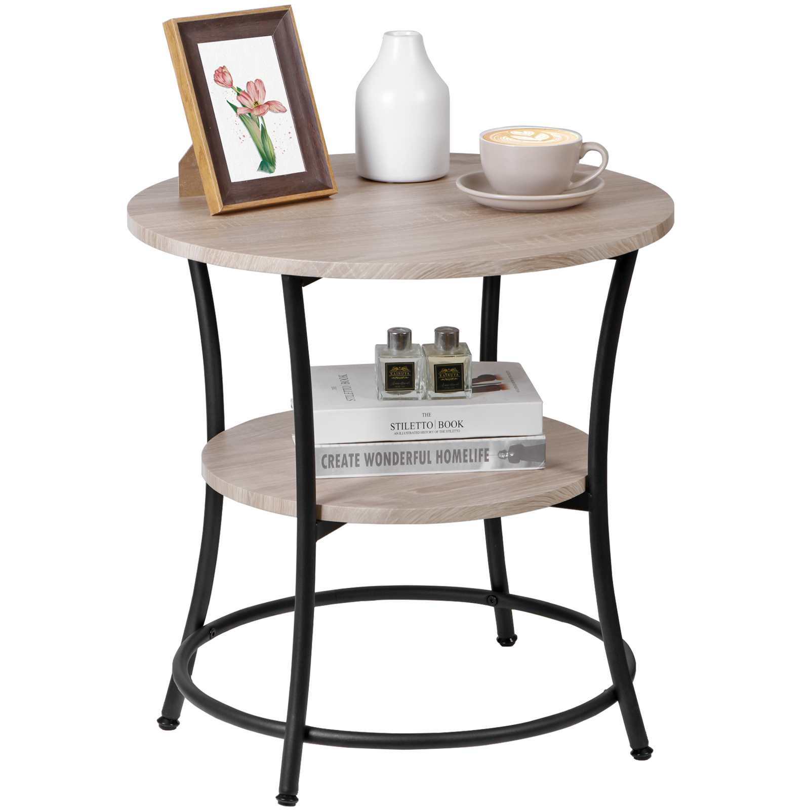 Round End Table 2 Tier Wood Side Table Living Room Accent Table for ...