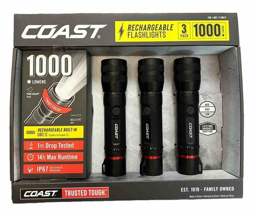 Coast Rechargeable Flashlights 1000 Lumens Twist Focus, 3 Pack | eBay