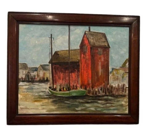 Harbor Scene Oil Painting by Jean B. Egan - Red Boathouse & Green Boat ...