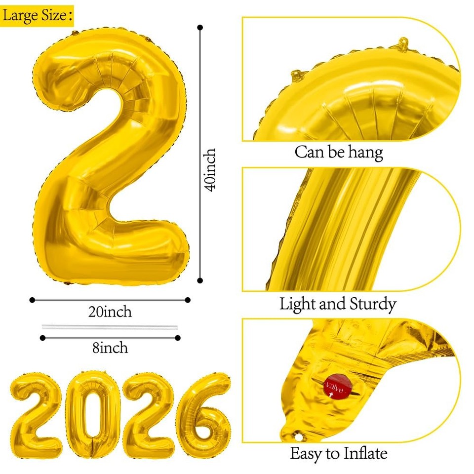 2026 Balloons, 40 Inch 2026 Number Balloons Gold 2026 Balloon Large ...