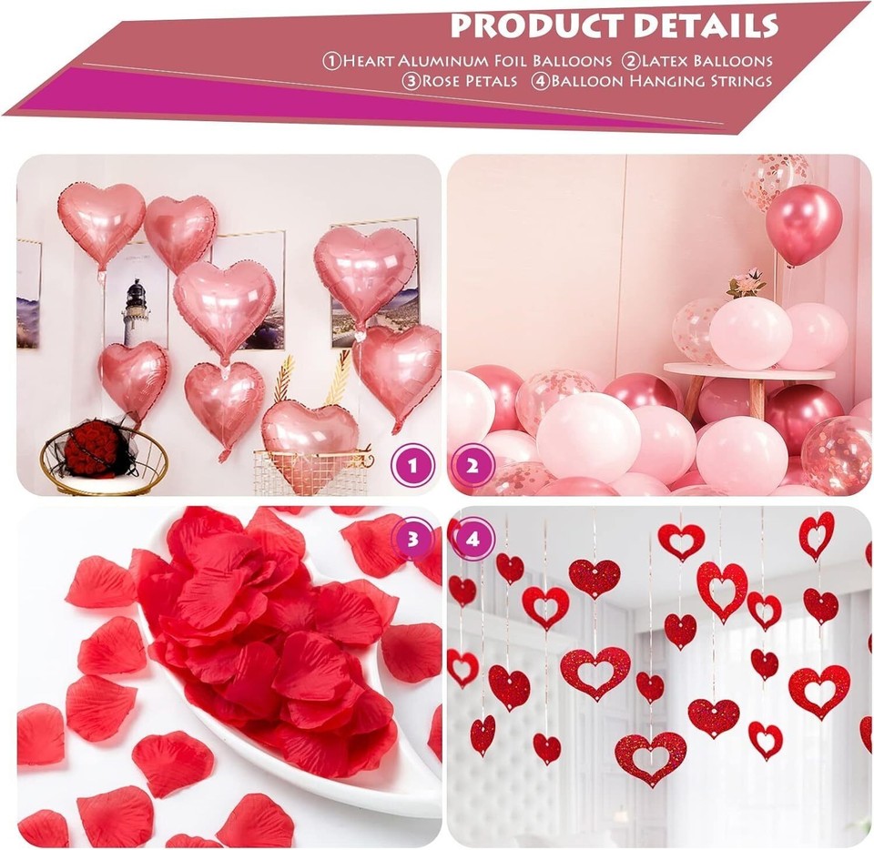 Valentines Day Balloons Kit, 101 Pack Rose Gold Pink Heart Balloons ...