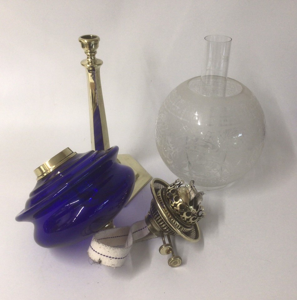 Antique Oil Lamp Duplex Cobalt Blue Glass Font Acid Etched Shade Brass ...